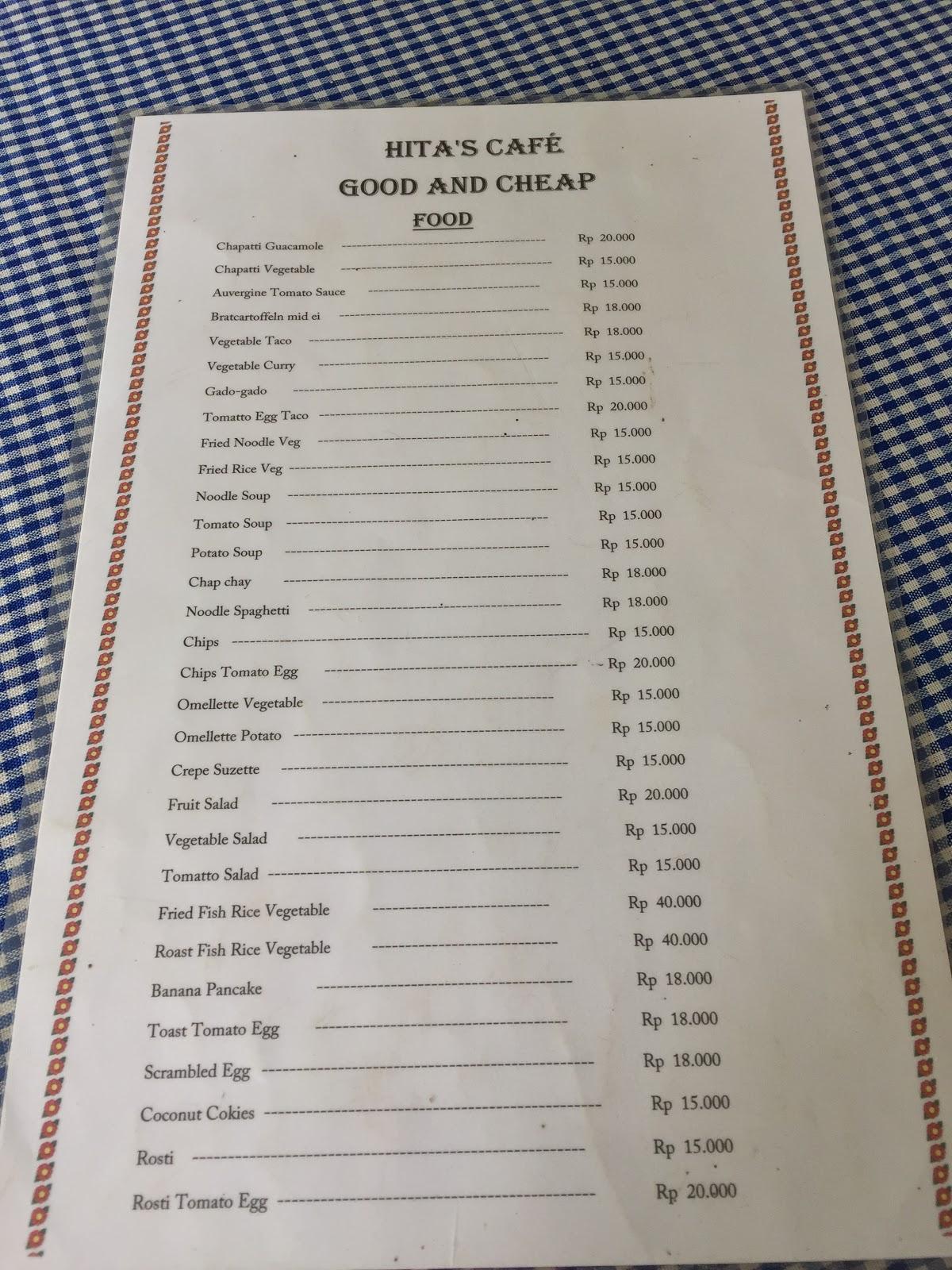 Carta de Hita’s Café - Good & Cheap, Tuktuk Siadong