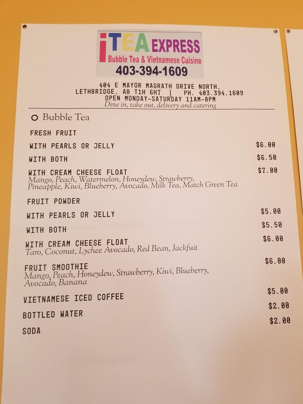 Menu at ITEA Express Bubble Tea & Vietnamese Cuisine restaurant, Lethbridge