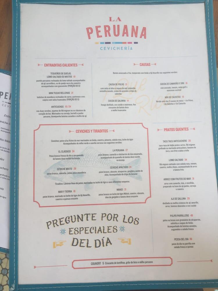 Carta del restaurante La Peruana, São Paulo