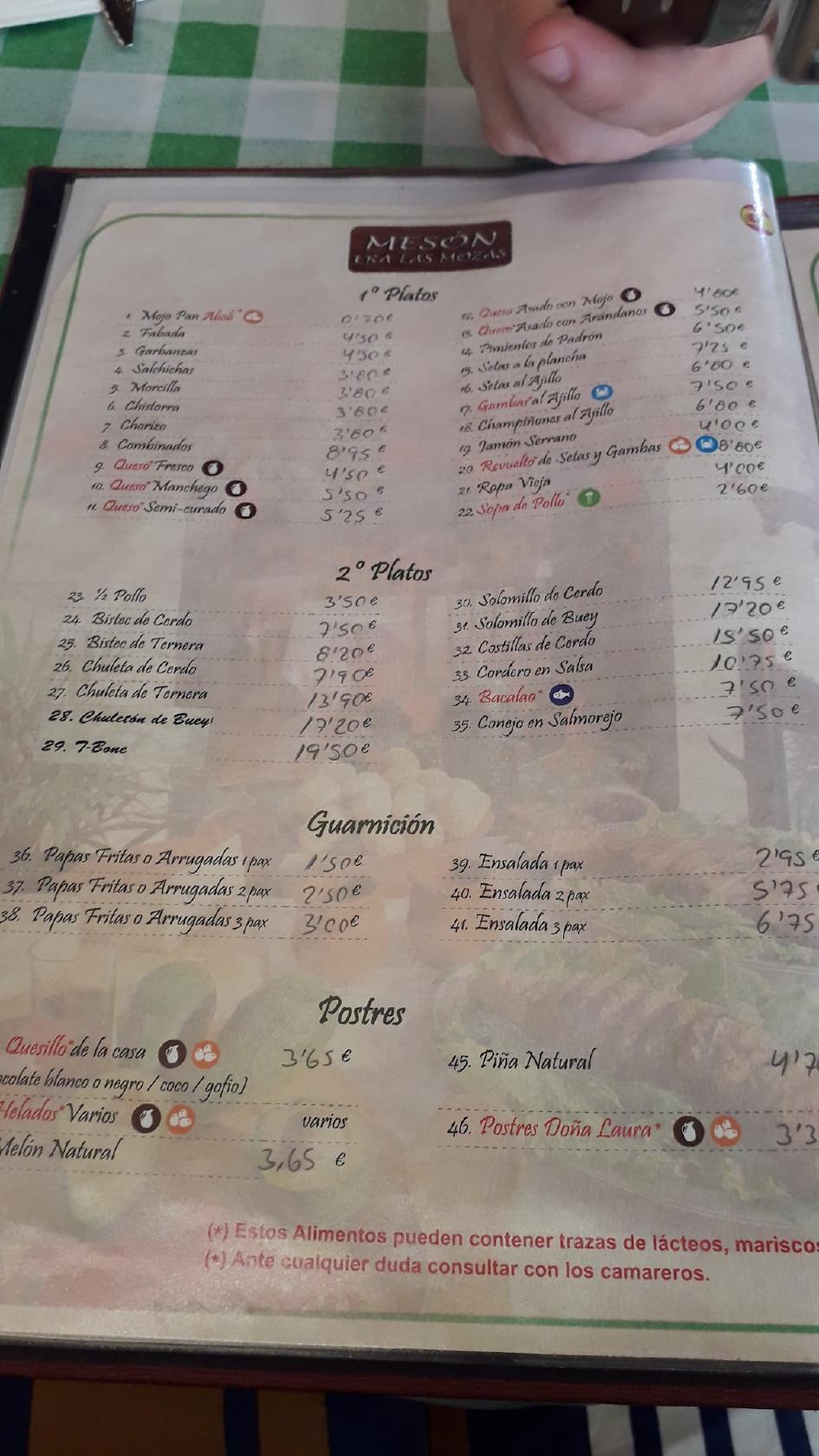 Carta del restaurante Mesón Era Las Mozas, Valle del San Lorenzo
