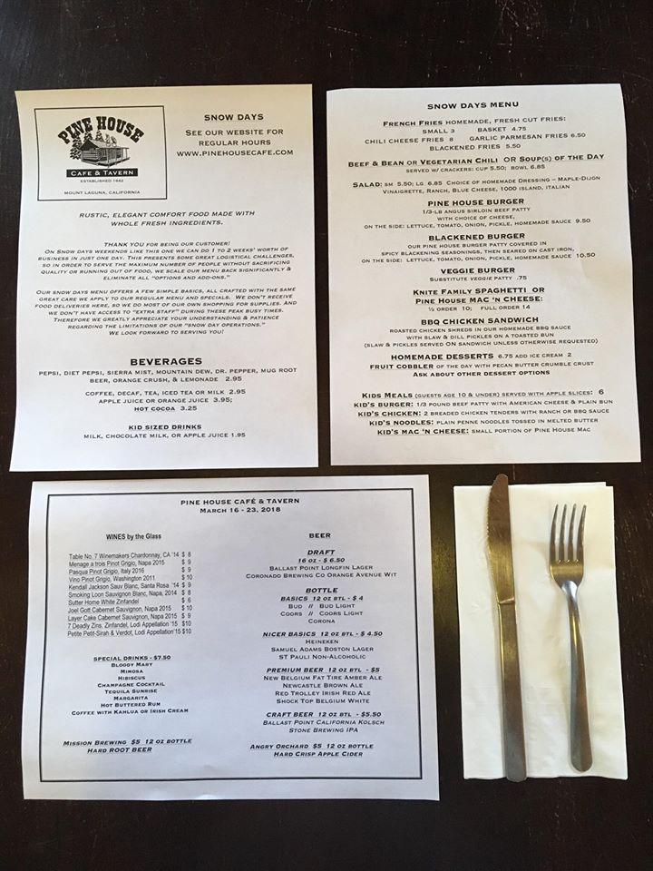 Menu at Pine House Cafe & Tavern, Mount Laguna