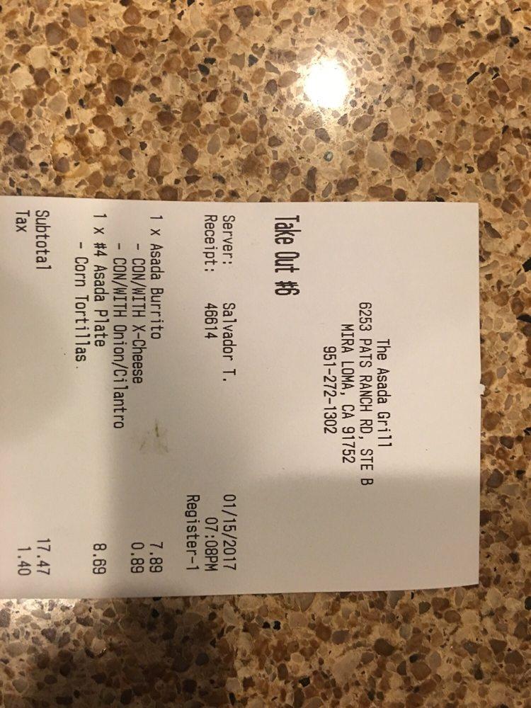 Menu at The Asada Grill restaurant, Jurupa Valley