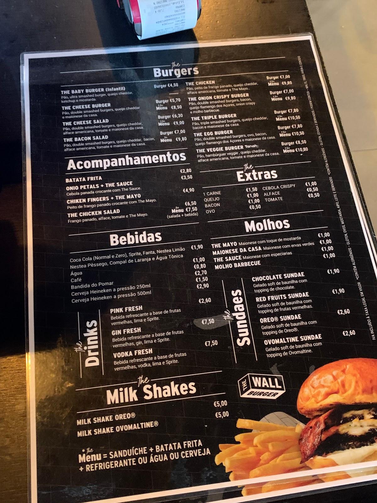 Menu at The Wall Burger restaurant, Lisbon