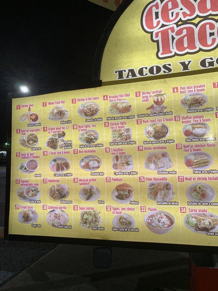 Menu at Cesar's Tacos restaurant, Fort Worth