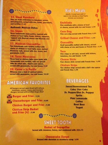 Menu at Las Margaritas restaurant, Center