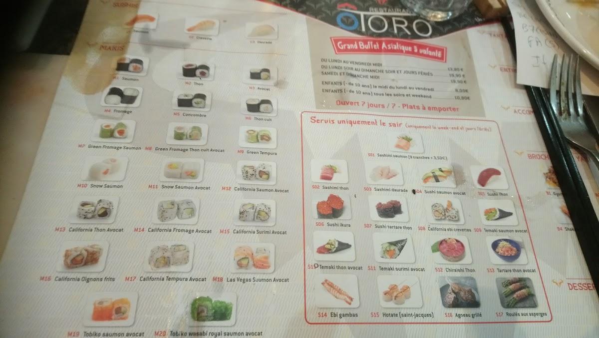 Menu at ÔTORO restaurant, Farébersviller