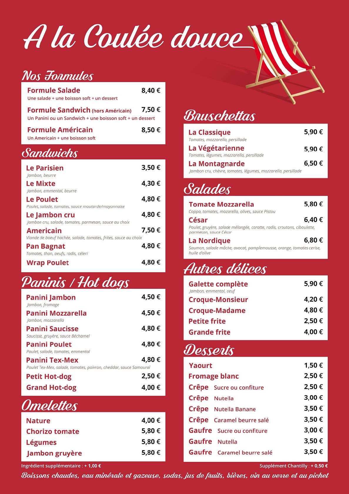 Carta del restaurante A la coulée douce, Niza