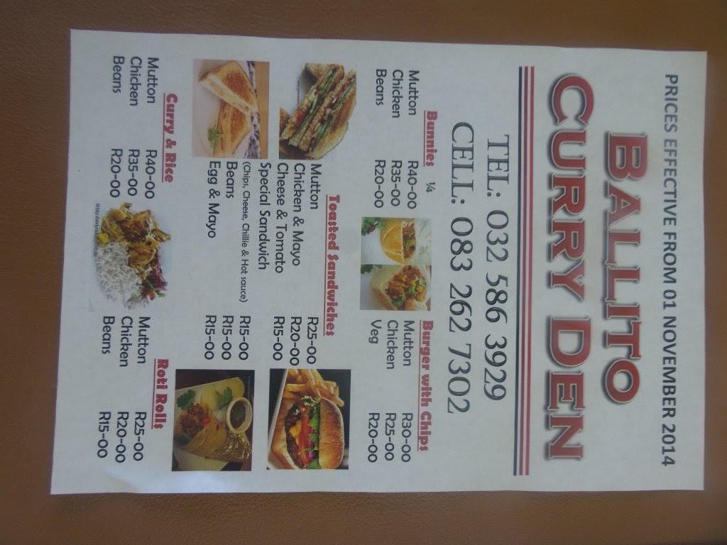 Menu at Ballito Curry Den restaurant, Dolphin Coast