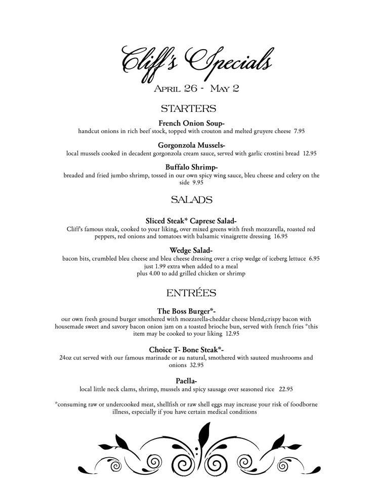 Menu at Cliff's Rendezvous steakhouse, Riverhead