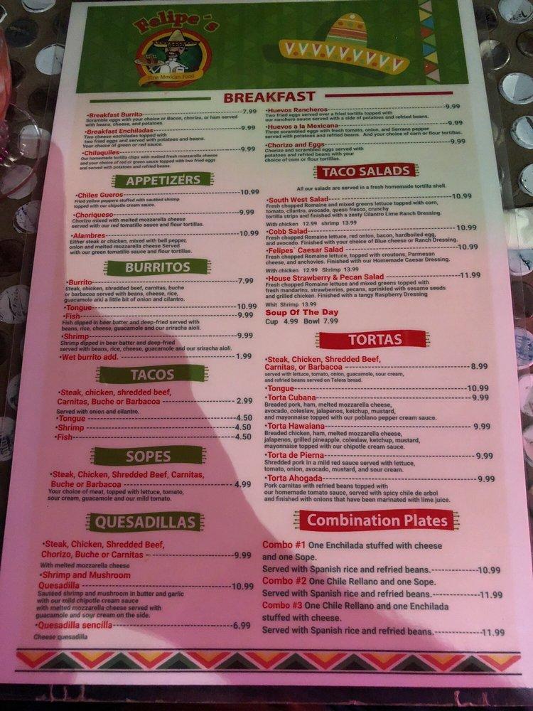 Menu at Felipe's Palm Springs restaurant, Palm Springs