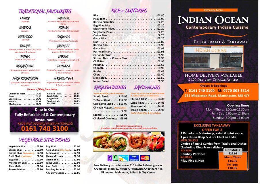 Menu at Indian Ocean restaurant, Manchester