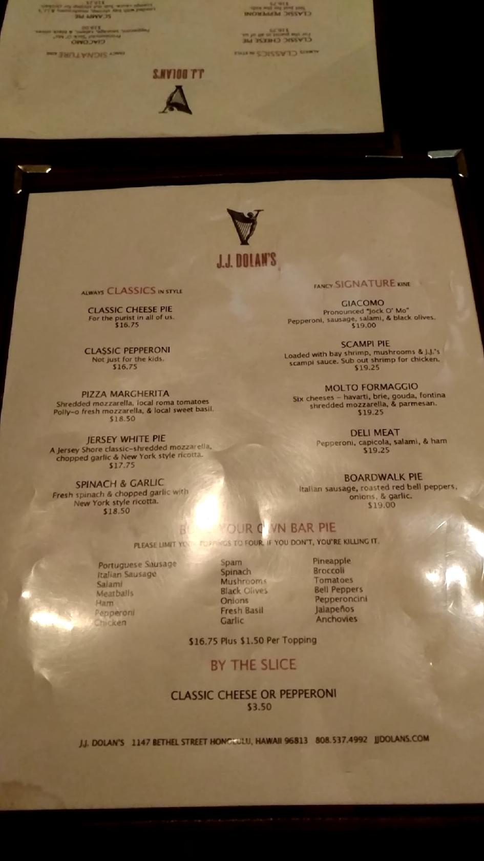 Menu at J. Dolans pub & bar, Honolulu