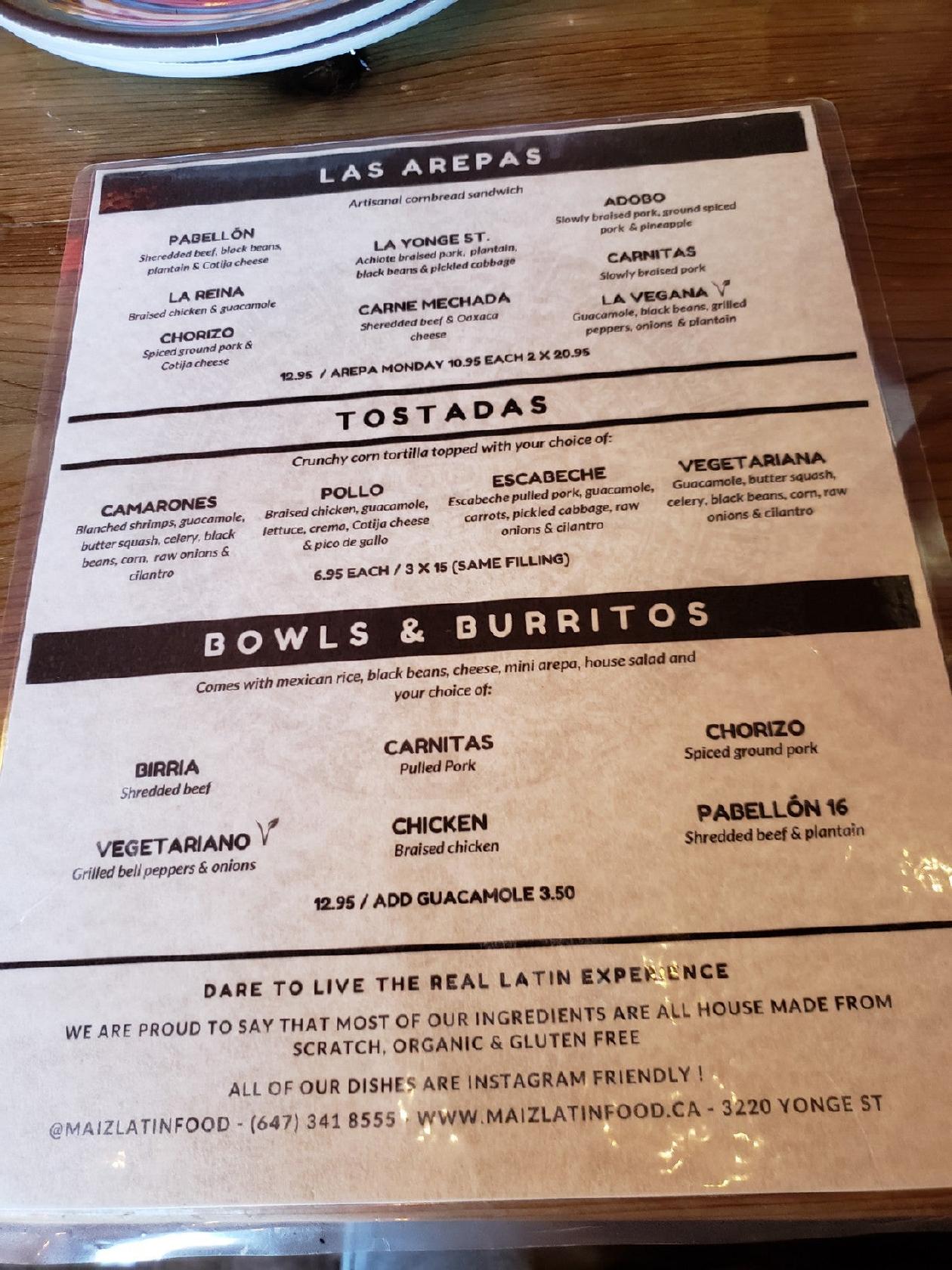 Menu at MAIZ Yonge restaurant, Toronto, Yonge St