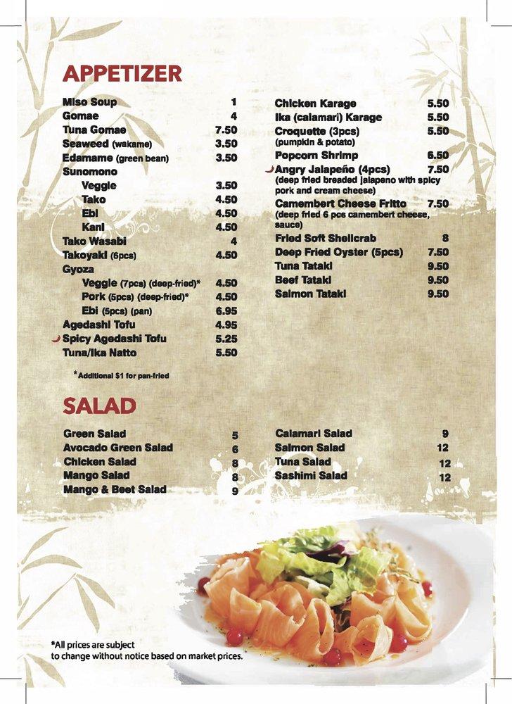 Menu at Manna Sushi restaurant, Vancouver
