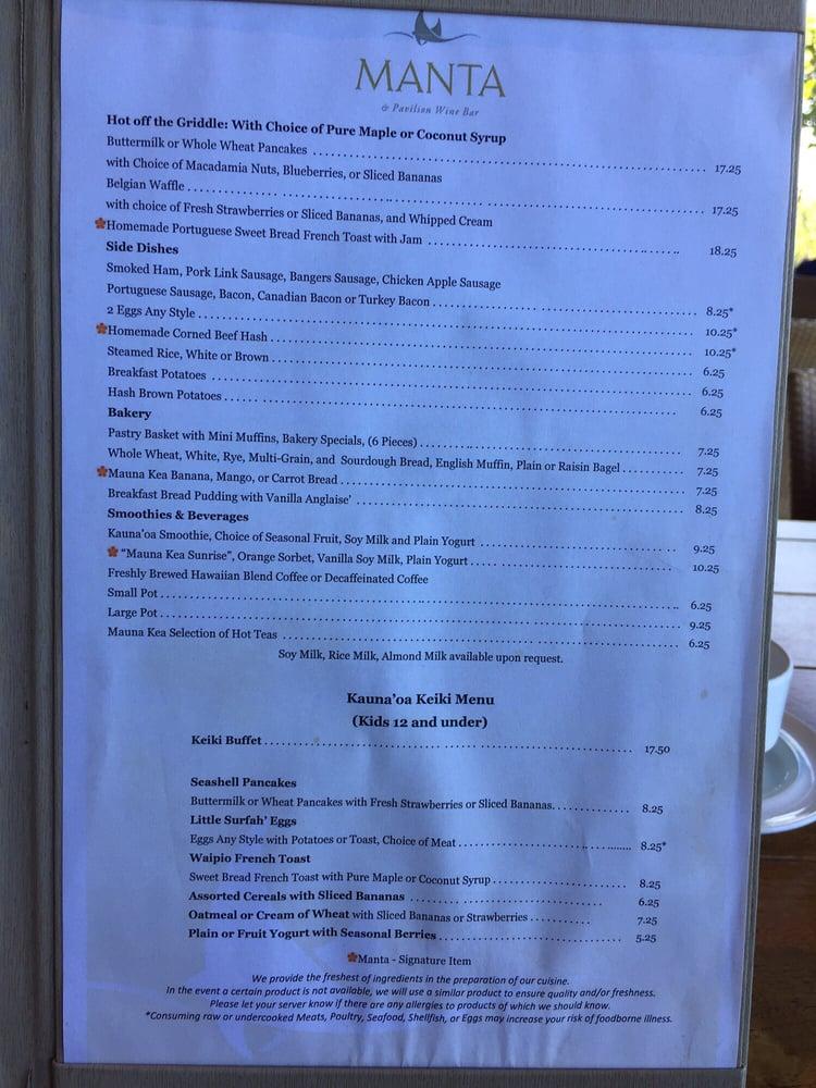 Menu at Manta Restaurant, Puako, Mauna Kea Beach Hotel