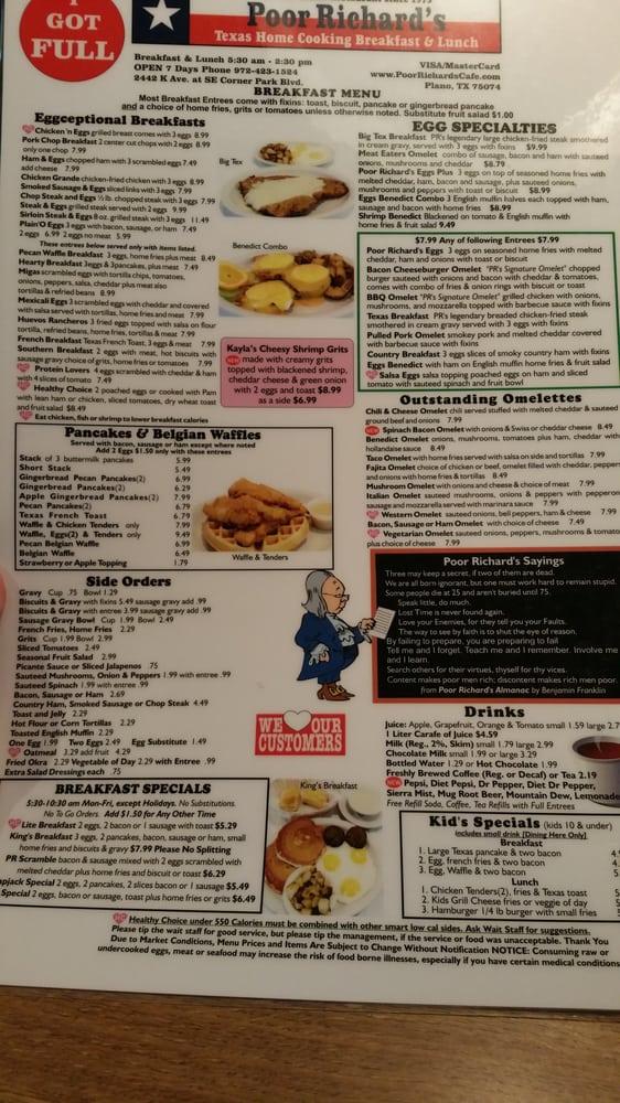 Menu at Poor Richard's Cafe, Plano