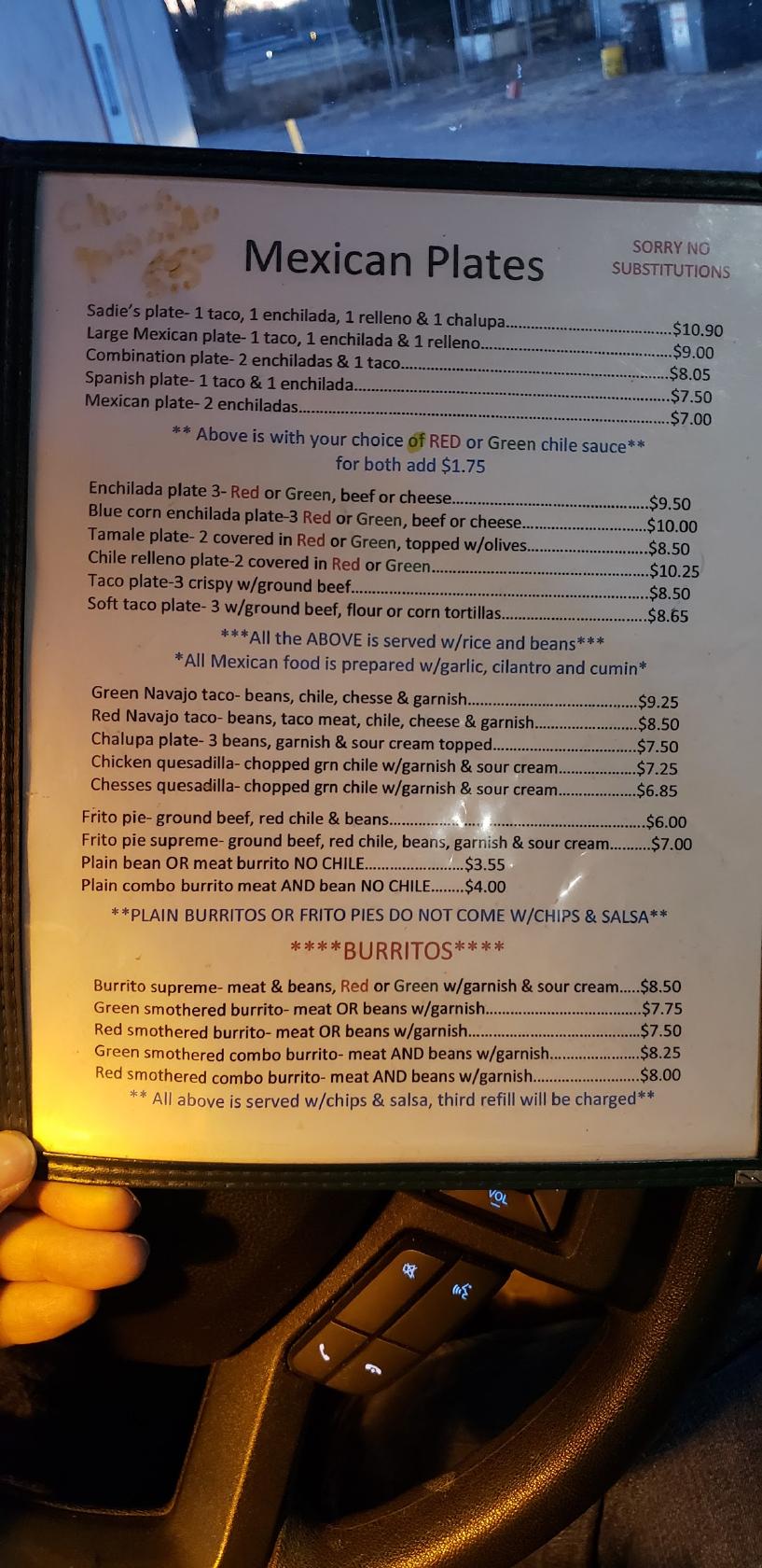 Menu at Sadie's Frontier Restaurant, Fort Sumner