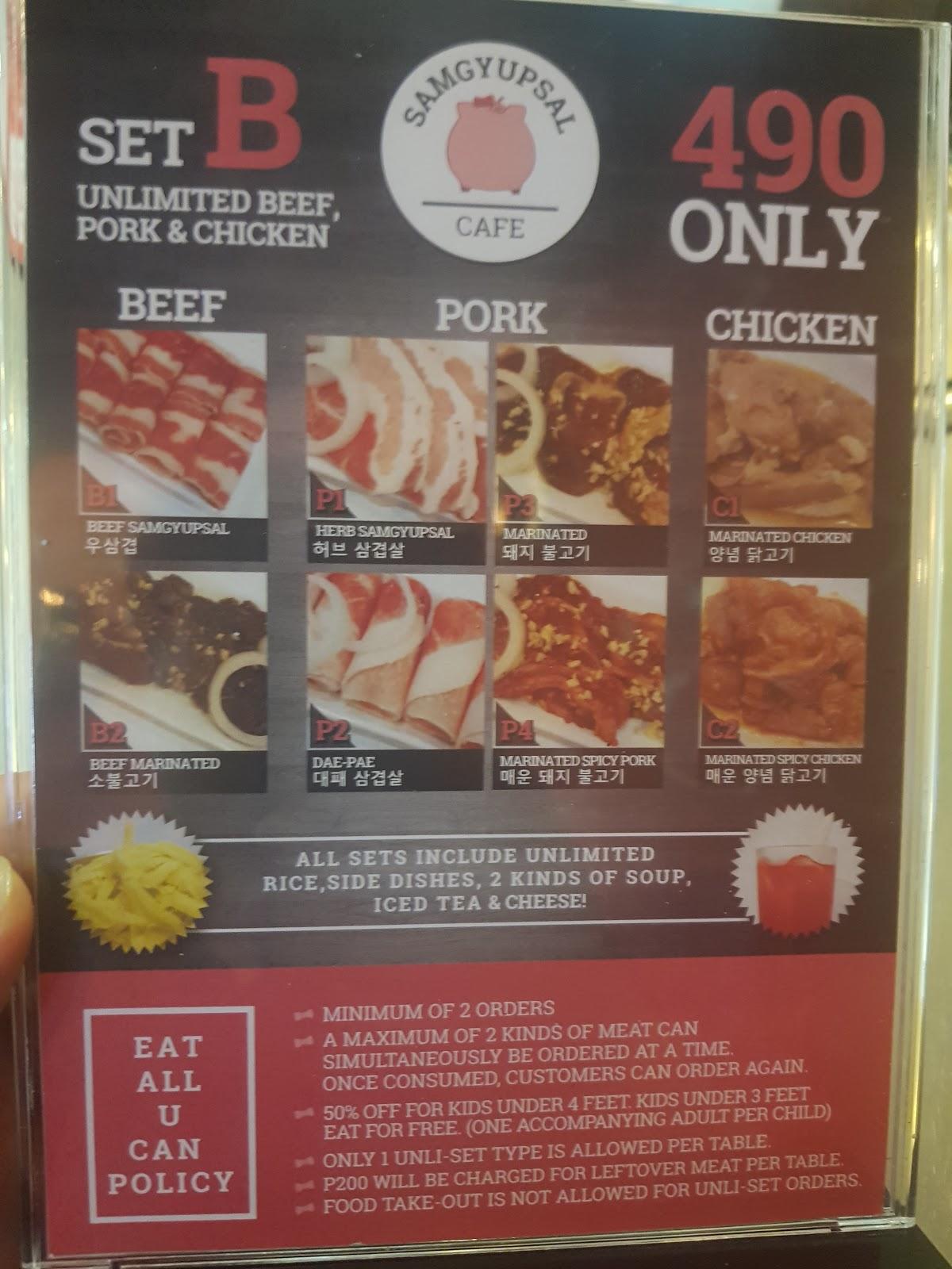 Menu at Samgyupsal Cafe(Chusam cafe), Manila