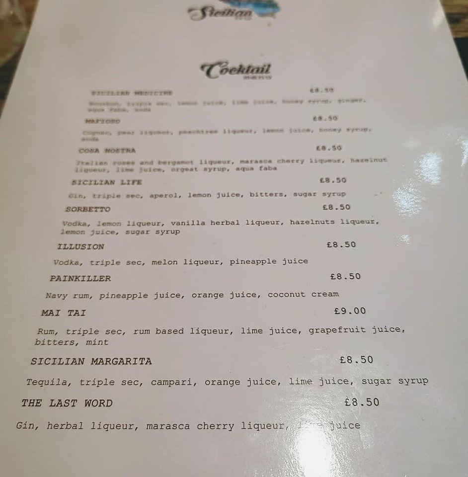 Menu at Sicilian NQ restaurant, Manchester, 14 Turner St