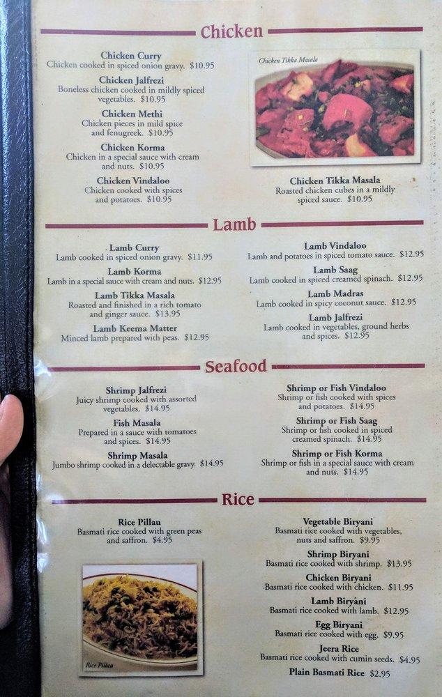 Menu at Taj Palace Cuisine of India restaurant, San Luis Obispo