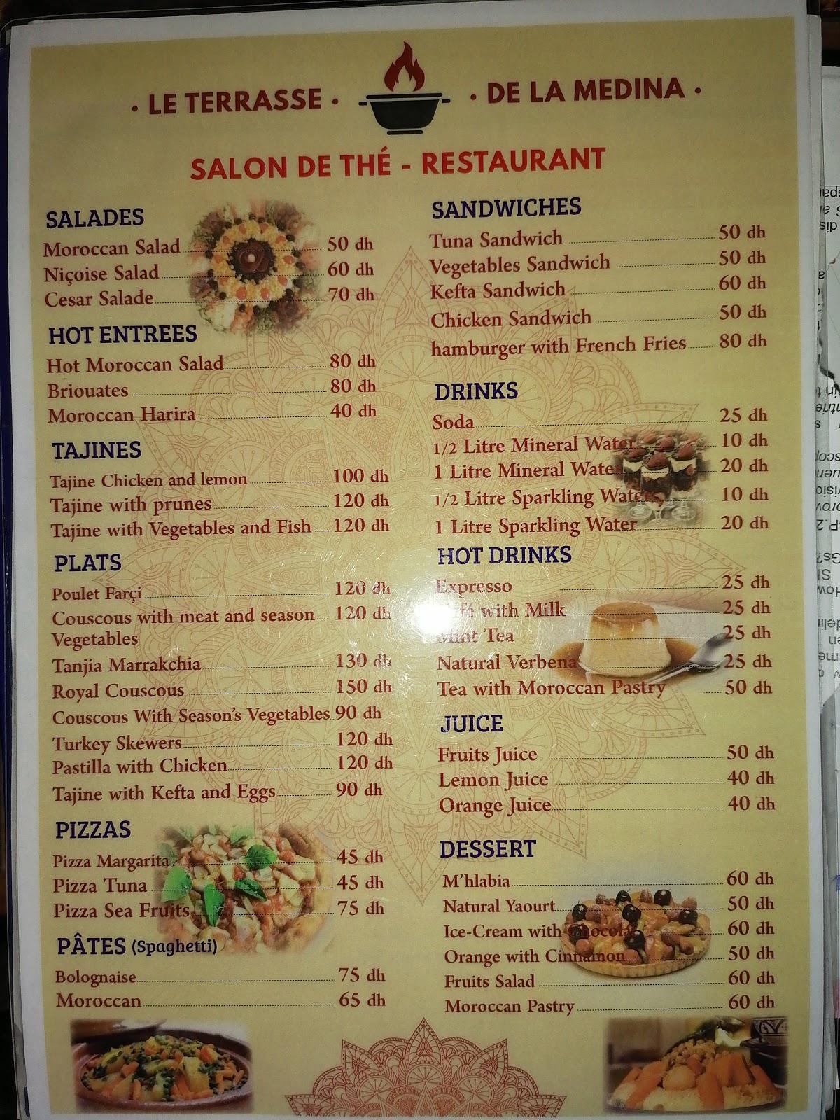 Menu at Terrasse de la medina restaurant, Marrakesh