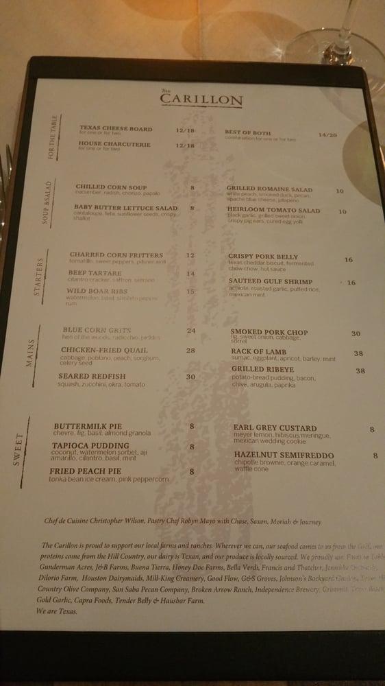 Menu at The Carillon restaurant, Austin