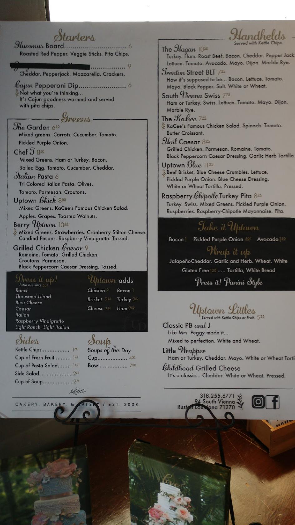 Menu at Uptown Downtown restaurant, Ruston