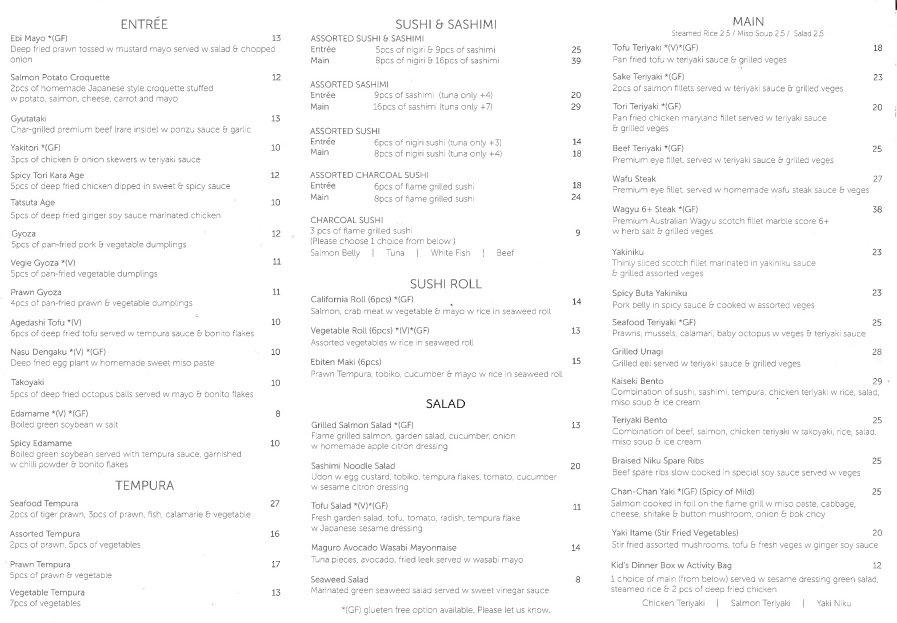 Menu at Zen Japanese Restaurant, Hawthorn