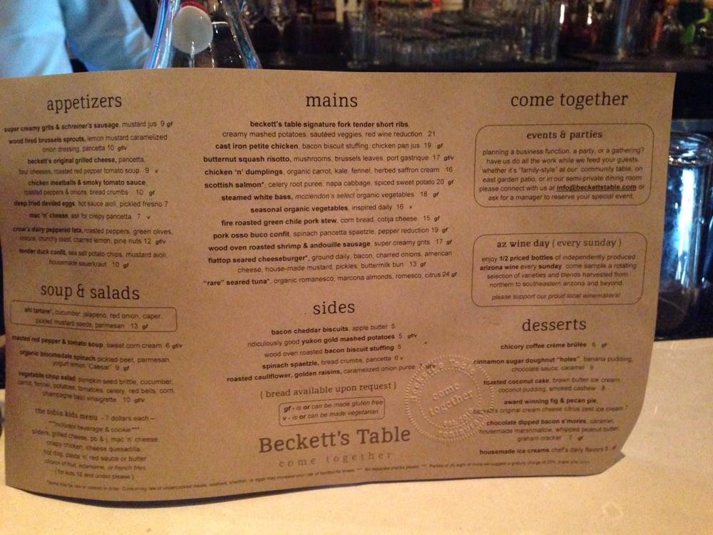 Menu at Beckett's Table restaurant, Phoenix
