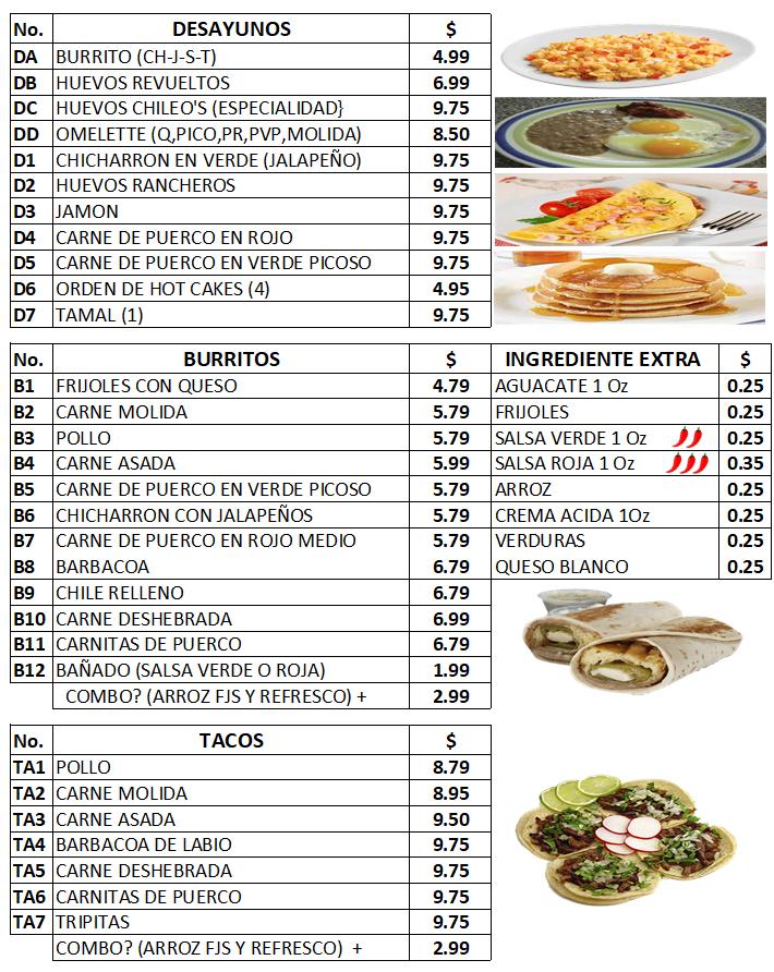 Menu at Chileo's restaurant, Ruidoso