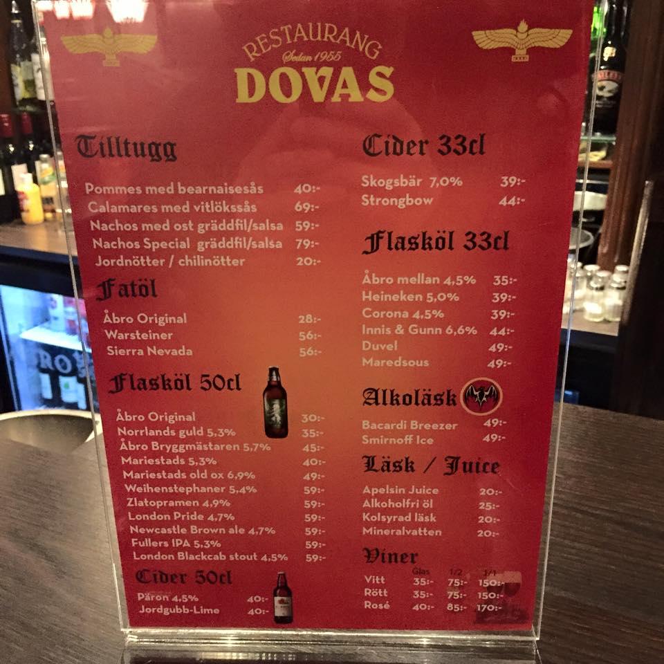 Menu at Dovas pub & bar, Stockholm, Hornsgatan 90