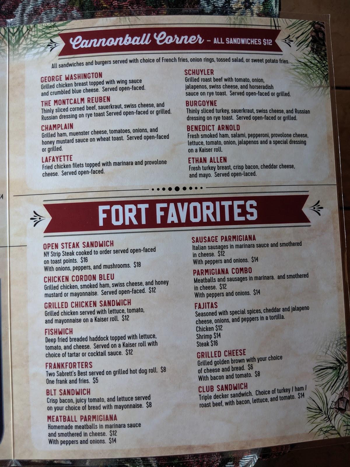 Menu at Fort View Inn restaurant, Ticonderoga