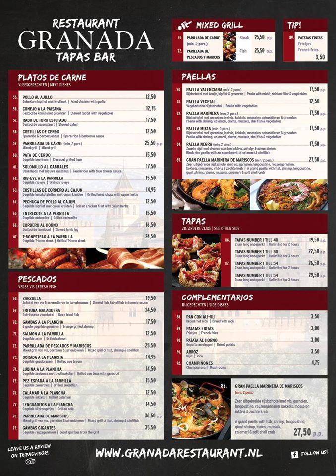 Menu at Granada, Amsterdam