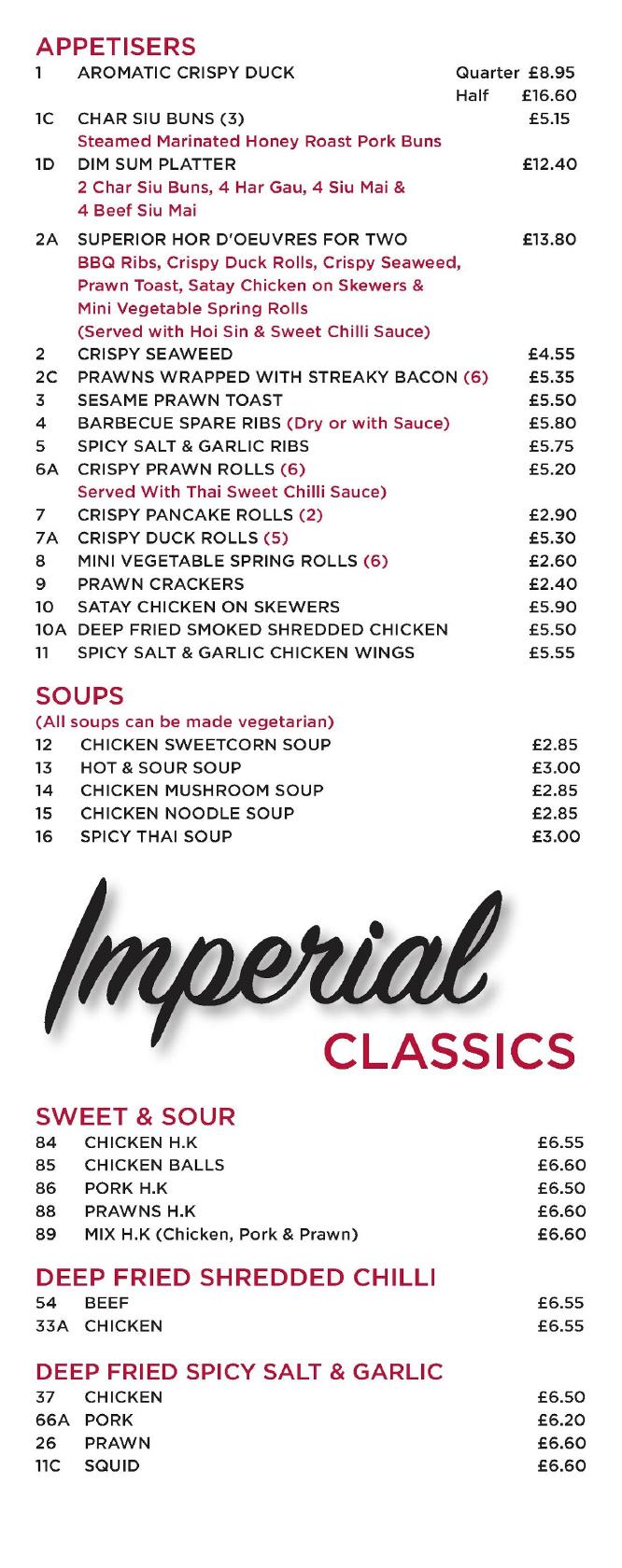 Menu at Imperial Express, Swindon