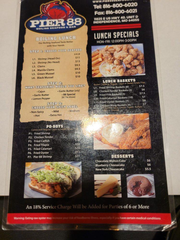Menu at Pier 88 Boiling Seafood & Bar Independence, Independence