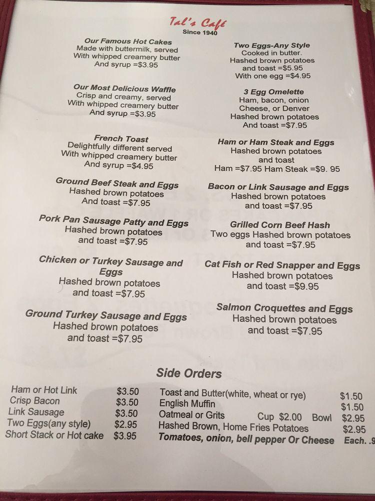 Menu at Tal's Cafe, Los Angeles