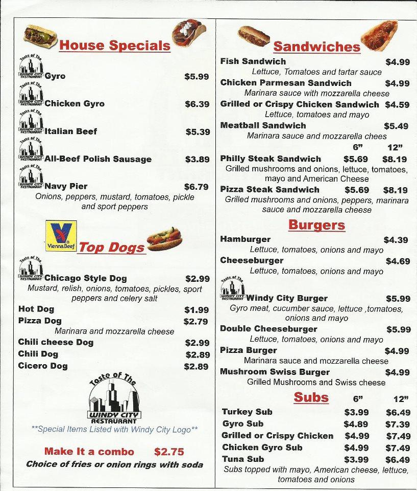 Menu at Taste Of The Windy City restaurant, Appleton