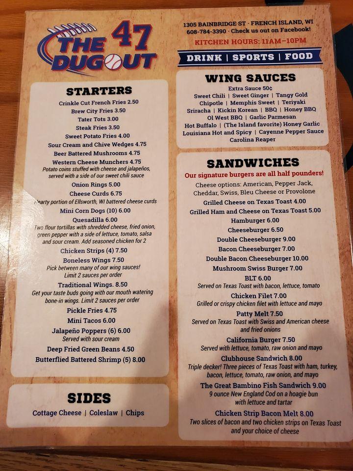 Menu at The Dugout 47 pub & bar, La Crosse