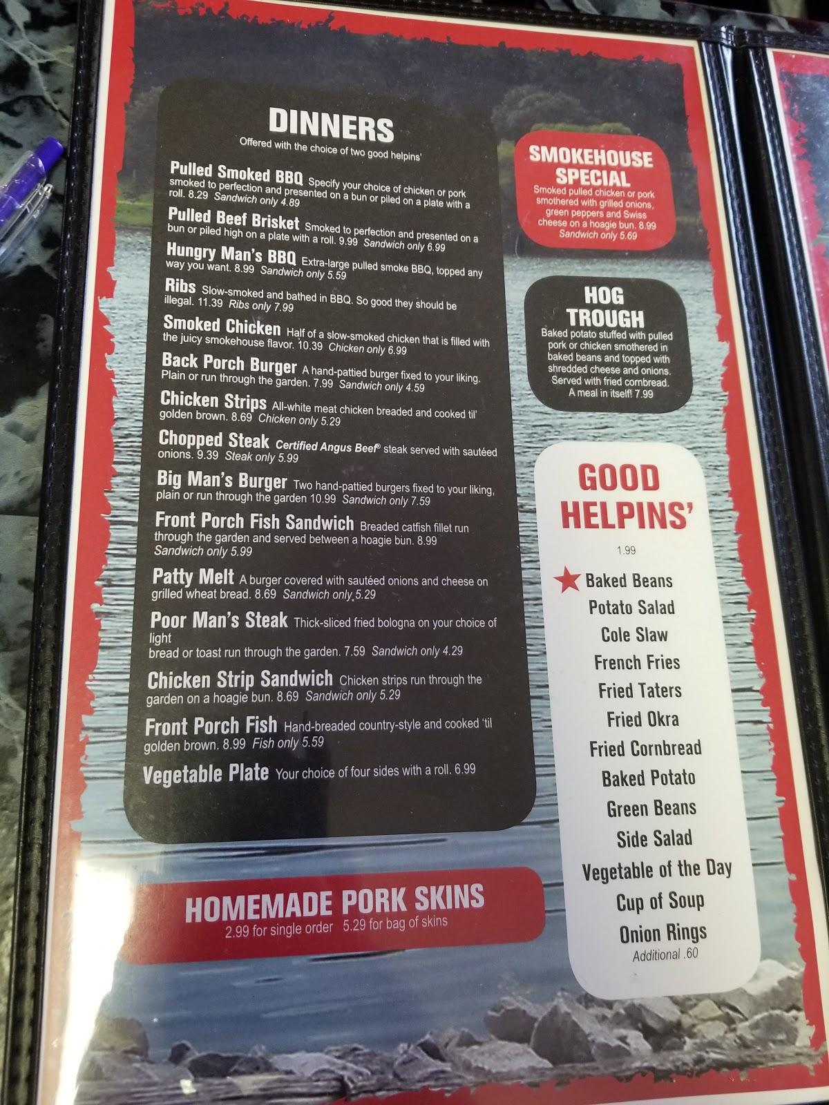 Menu at Back Porch Smokehouse BBQ, Mount Vernon, Lake Linville Rd