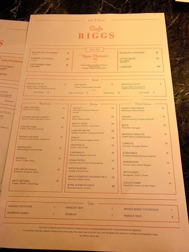Menu at Café Riggs restaurant, Washington