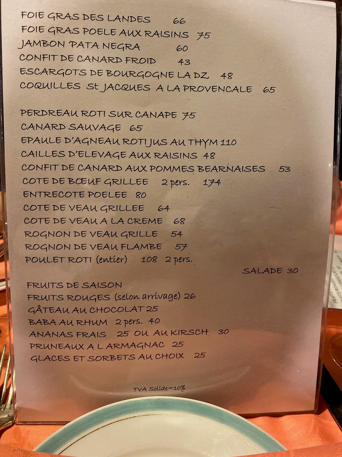 Menu au Chez l'Ami Louis restaurant, Paris, 32 Rue du Vertbois