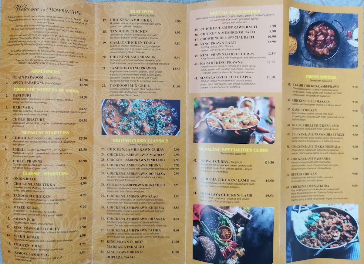 Menu at Chowringhee restaurant, Brighton