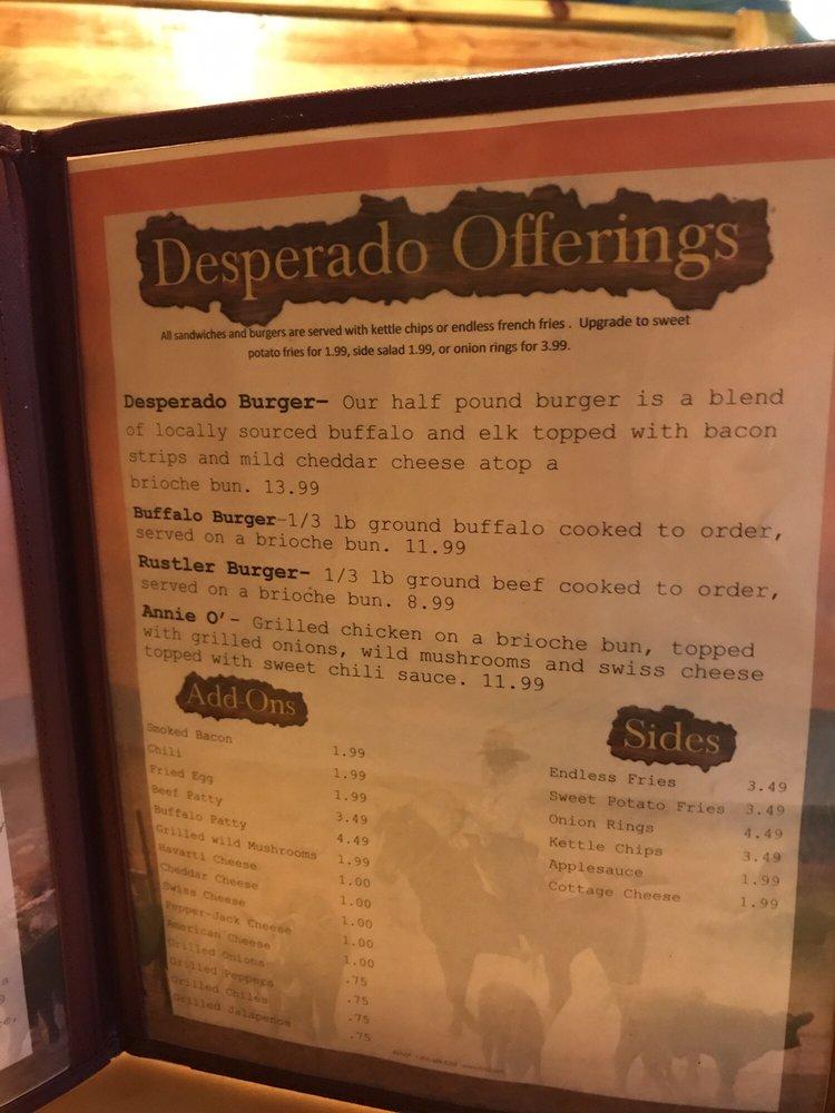 Menu at Desperados steakhouse, Hill City