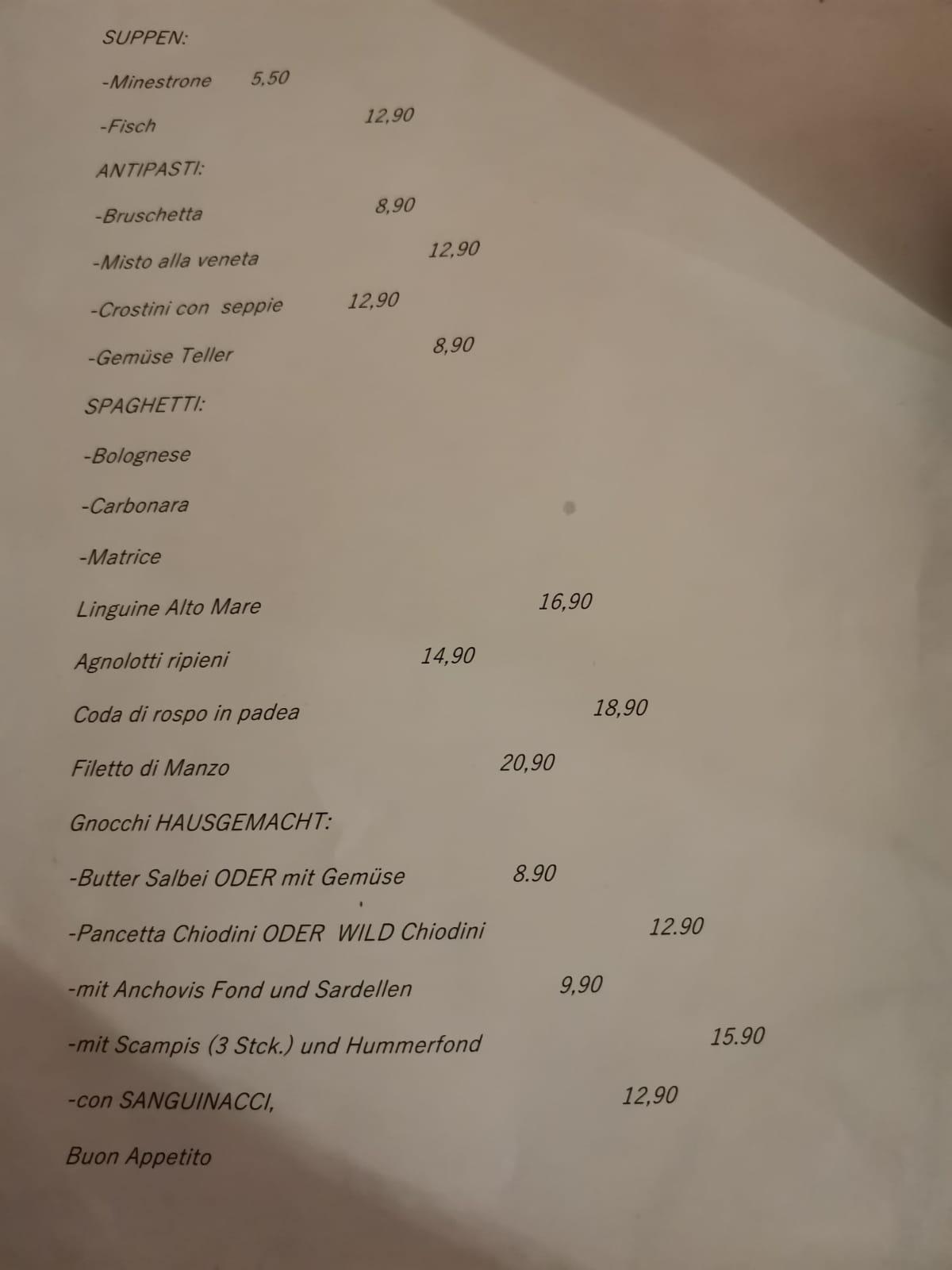Menu at Lupetto Bar italiano, Vienna