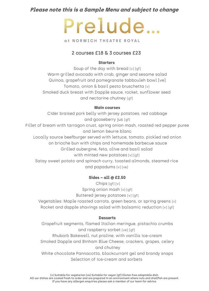 Menu at Prelude restaurant, Norwich