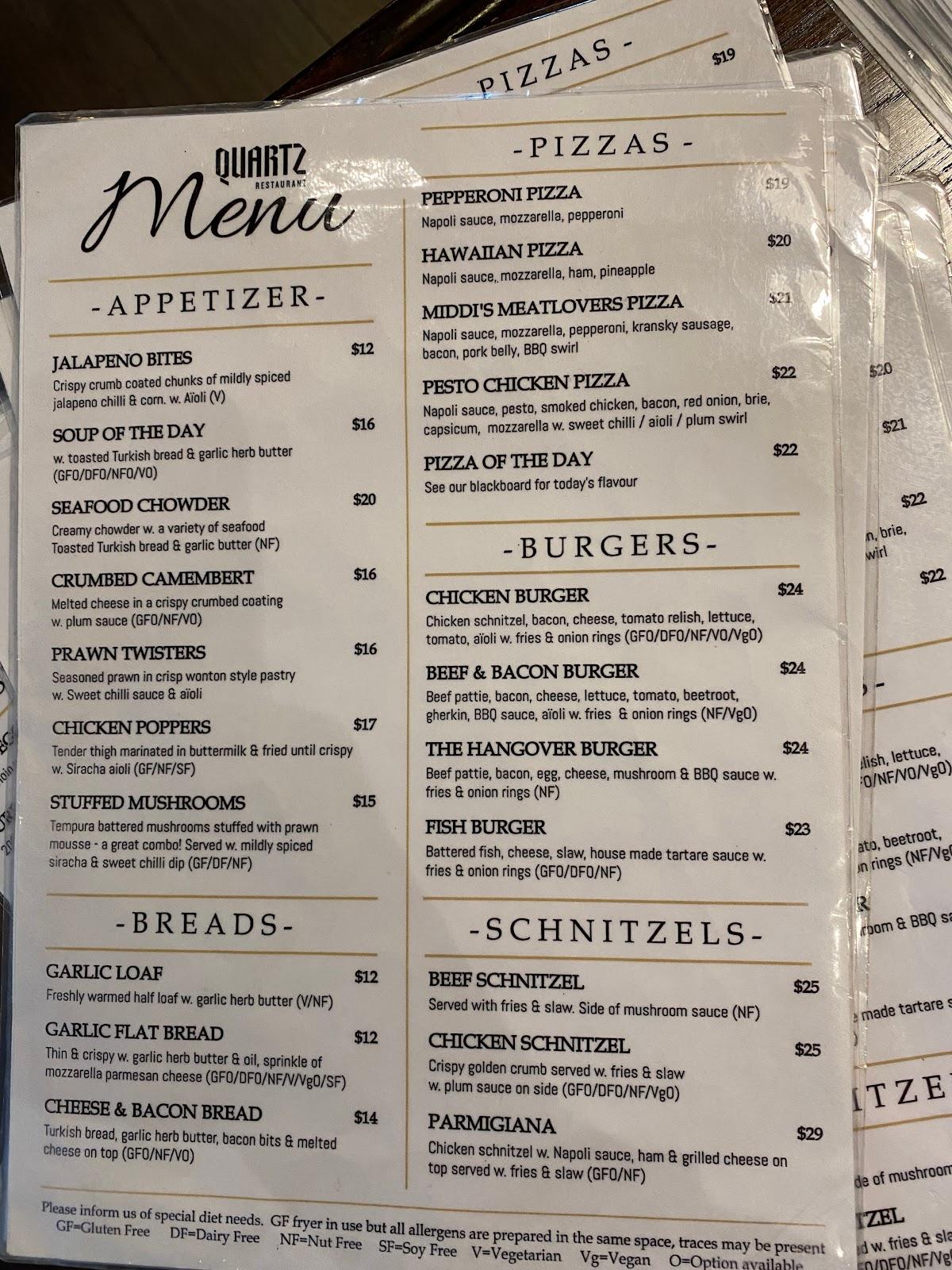 Menu at Quartz Restaurant, Rolleston