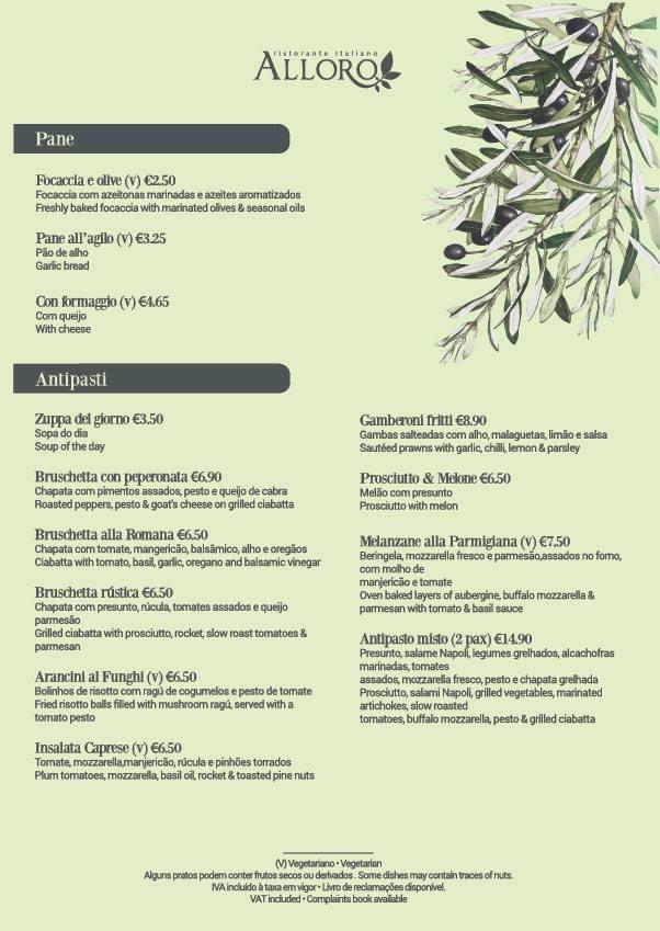 Menu at Restaurante ALLORO, Praia da Luz