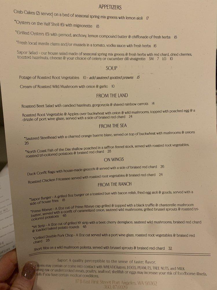 Menu at Sapor pub & bar, Port Angeles