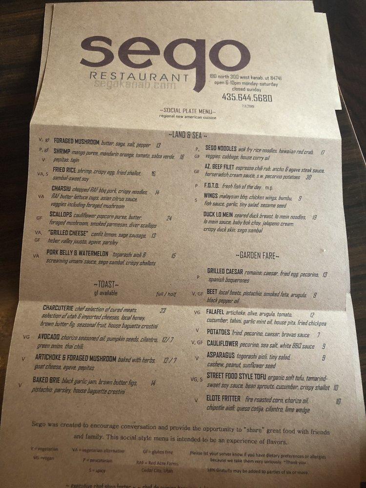 Menu at Sego Restaurant, Kanab