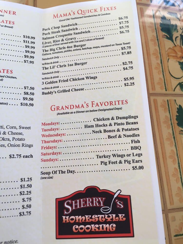 Menu at Sherry J's Homestyle Cooking restaurant, Washington Park, Bunkum Rd